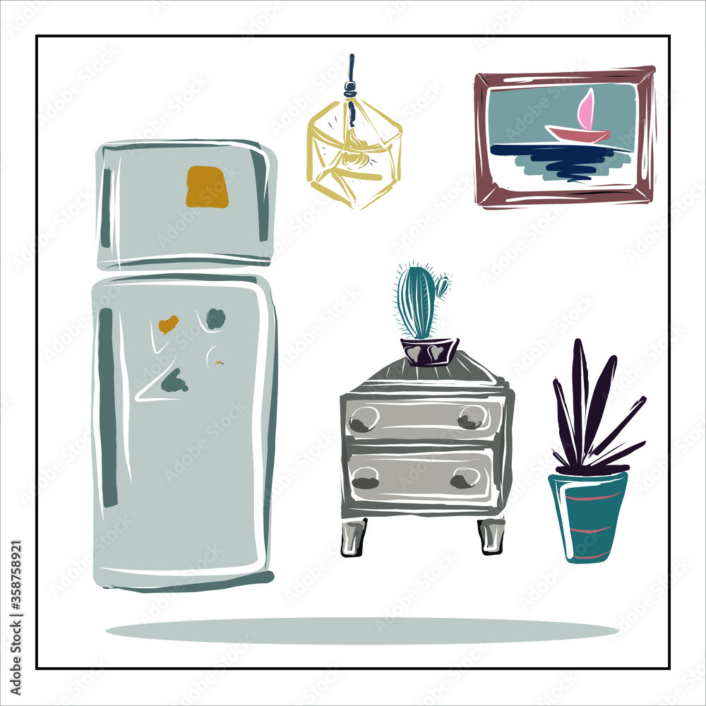 Vector set of isolated images of furniture and household items on a ...