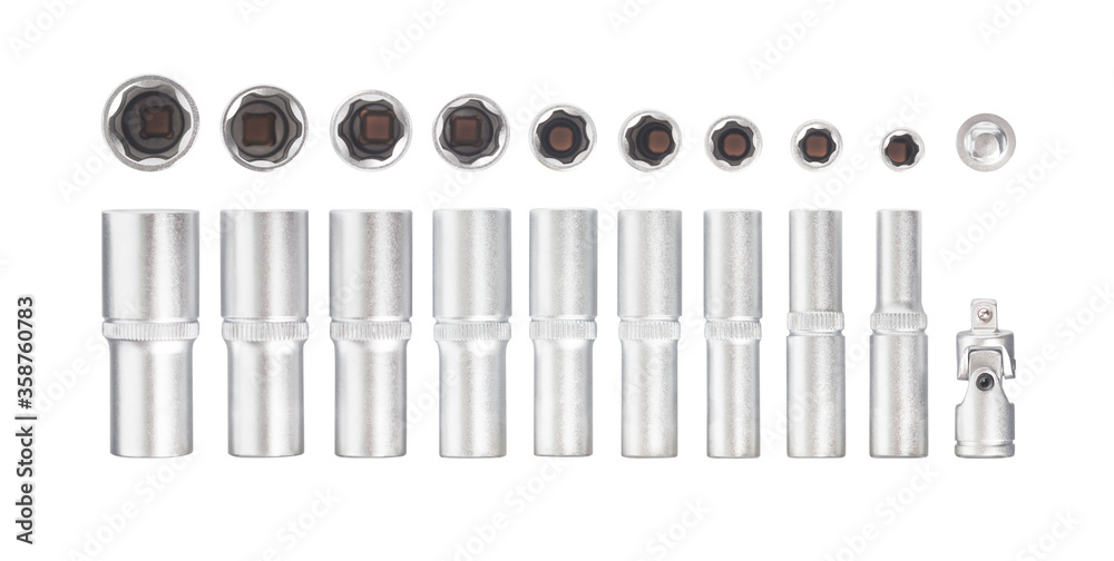 Set of top and side views of torx drive socket tools isolated on white ...