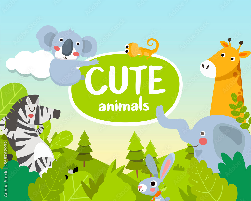 Cute animals. Animals of the jungle, frame. Template Poster with zoo ...