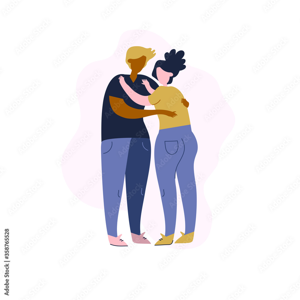 Dark-skinned man hug light-skin woman, she holding hand on his chest ...