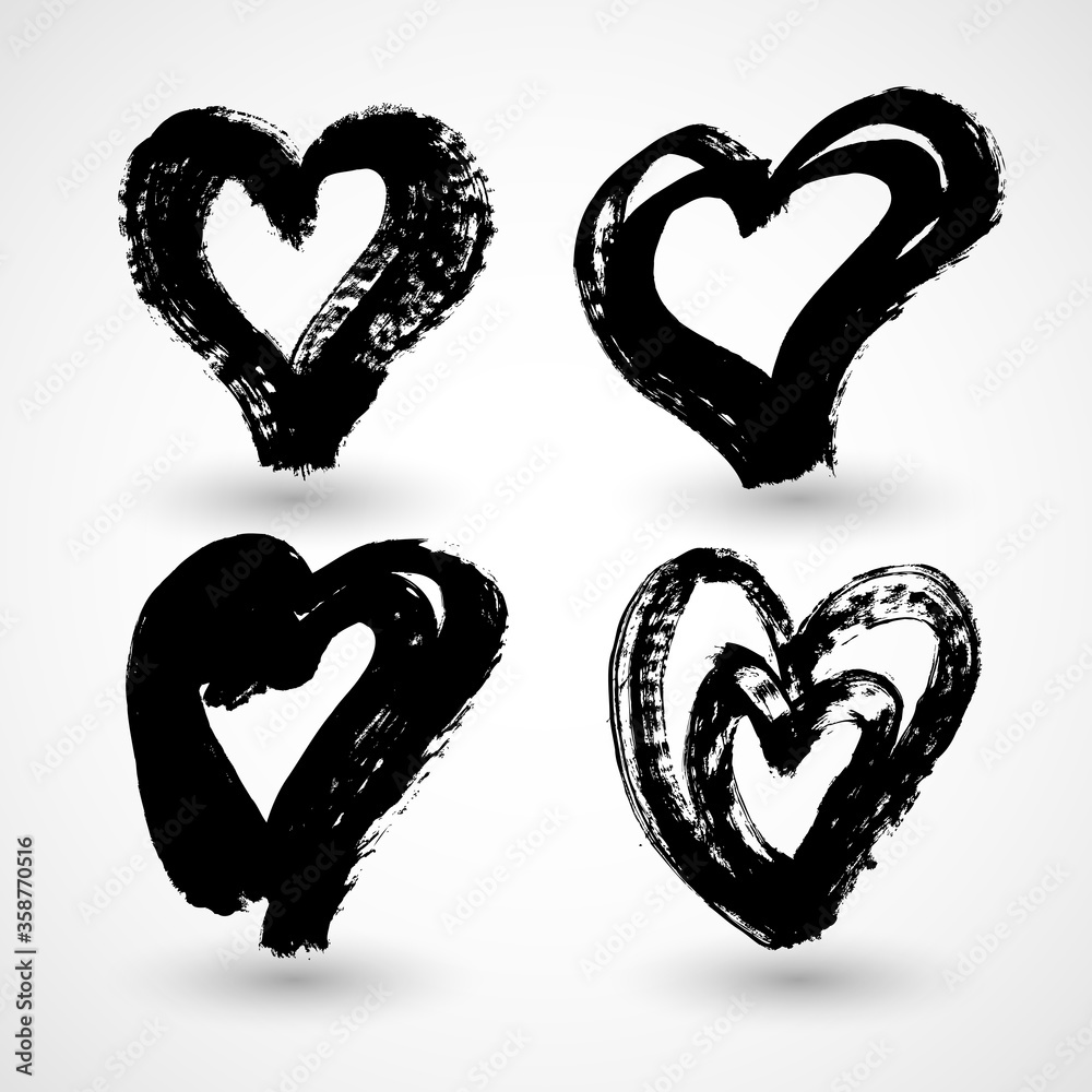 Set of hand drawn paint heart symbols for design use. Abstract brush ...