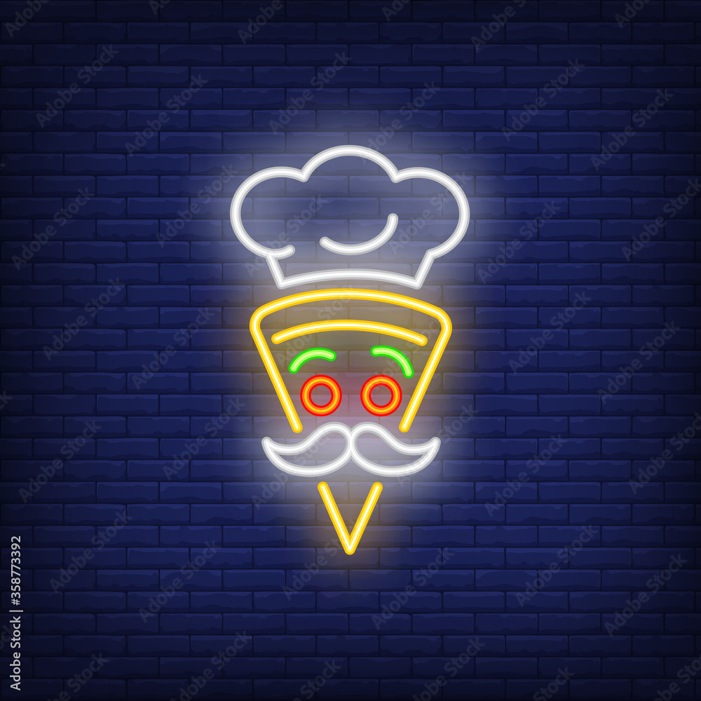 Pizza slice chef cook character neon sign. Pizzeria advertisement ...