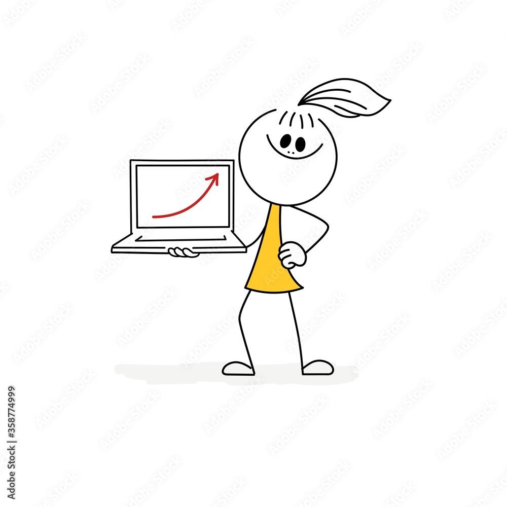 Doodle stick figure: Girl with laptop. Vector. Stock Vector | Adobe Stock