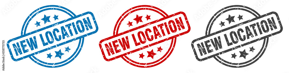 new location stamp. new location round isolated sign. new location ...
