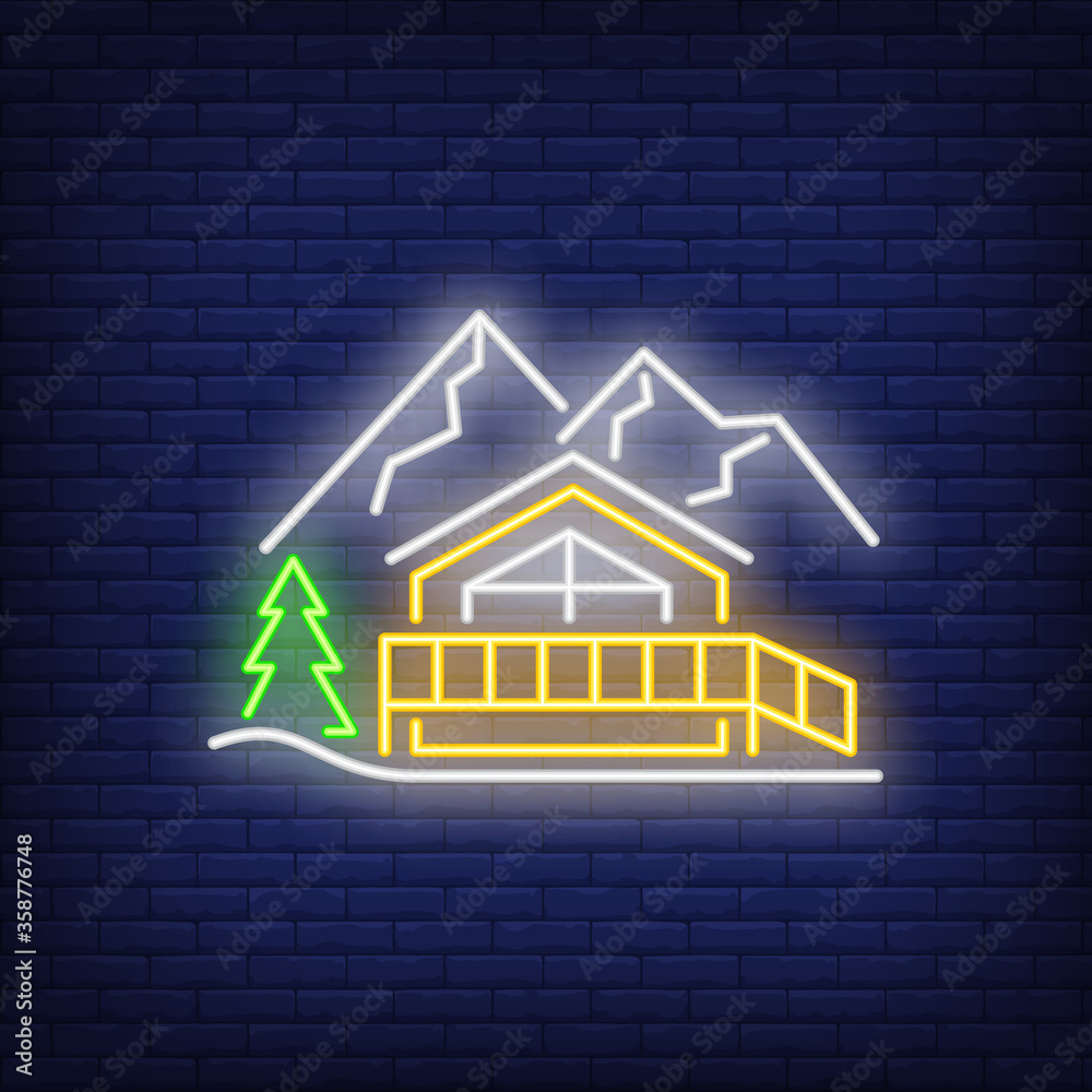 Ski resort guest house neon sign. Tourism, winter sport and ...