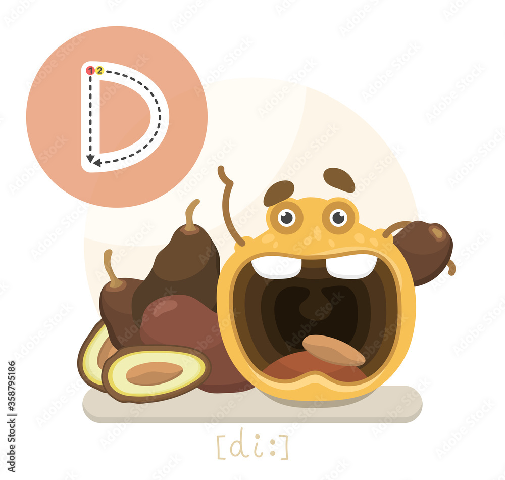 Learning the English alphabet. Funny cartoon character with dates and ...
