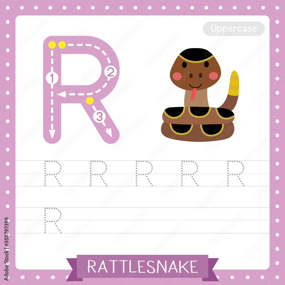 Letter R uppercase tracing practice worksheet of Curled up Rattlesnake ...