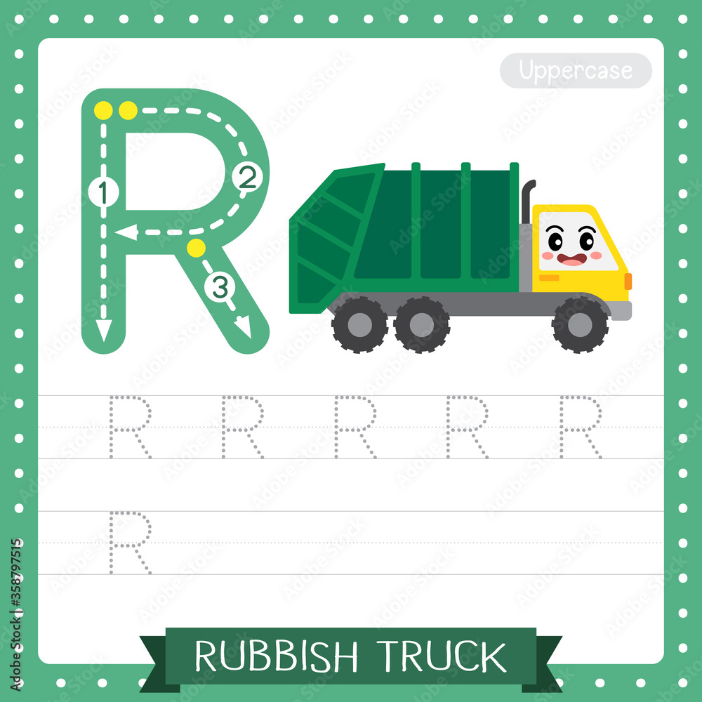 Letter R uppercase tracing practice worksheet of Rubbish Truck Stock ...