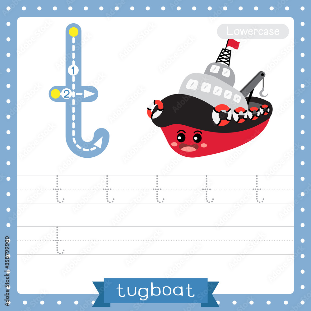 Letter T lowercase tracing practice worksheet of Tugboat Stock Vector ...