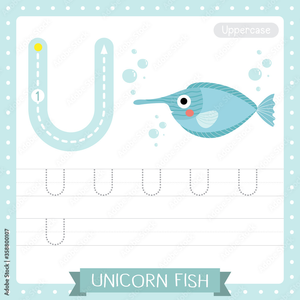 Letter U uppercase tracing practice worksheet of Unicorn Fish Stock ...
