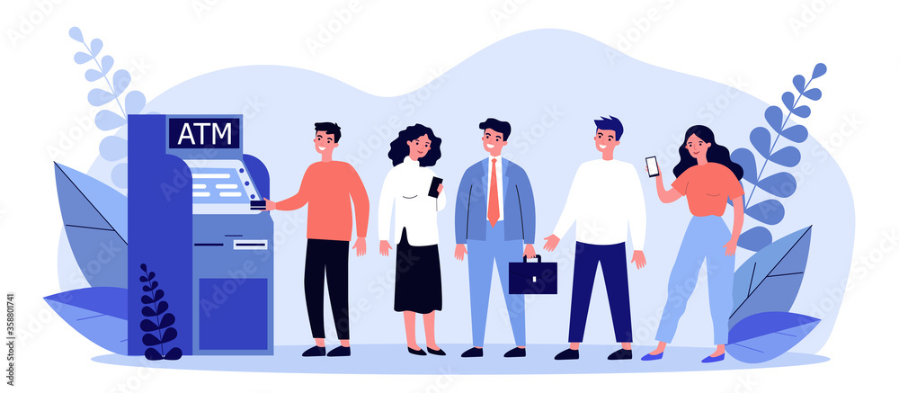 Queue of bank clients standing at ATM. People standing in line for ...