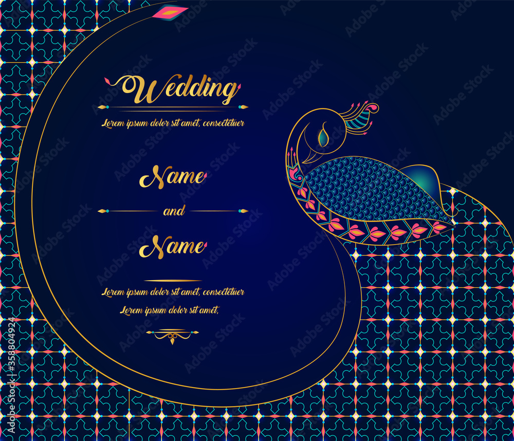 Floral Golden Pattern Peacock Wedding Invitation Card Vector Stock