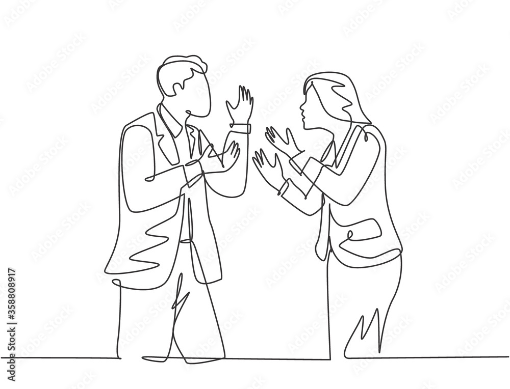 Single continuous line drawing of young angry businessman and ...