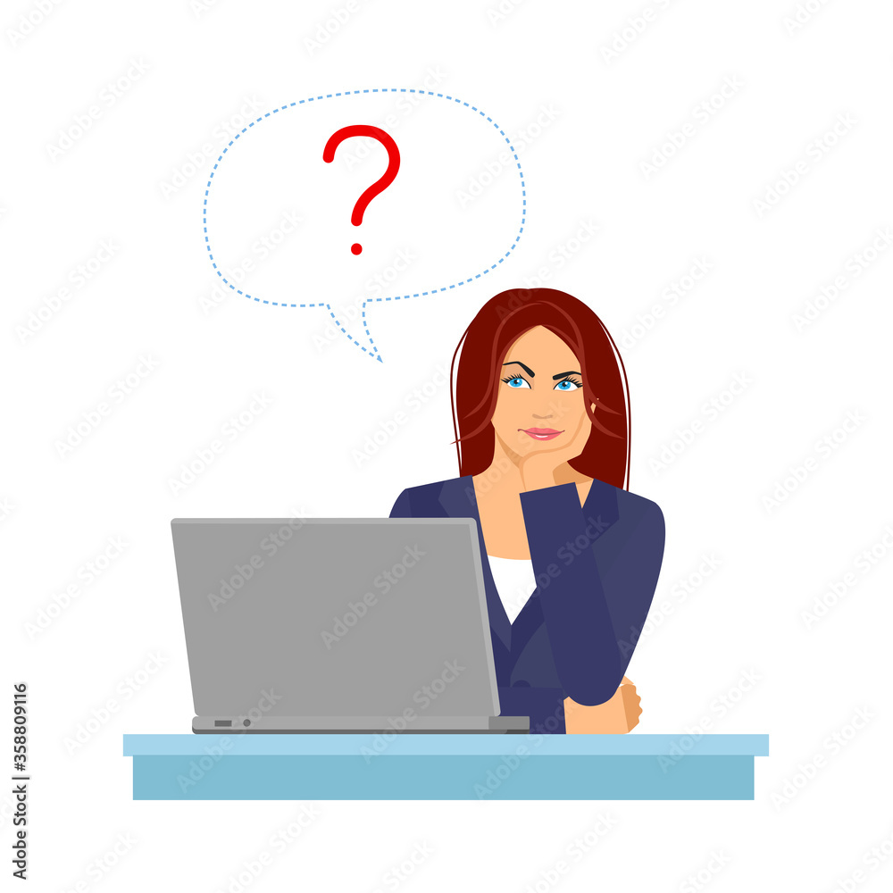 Woman with question mark. Vector female character solving problem ...