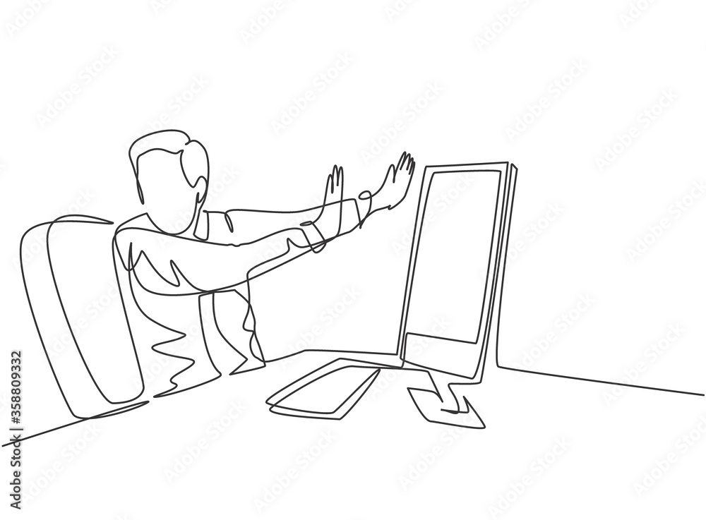 One continuous line drawing of young frightened businessman keep of ...