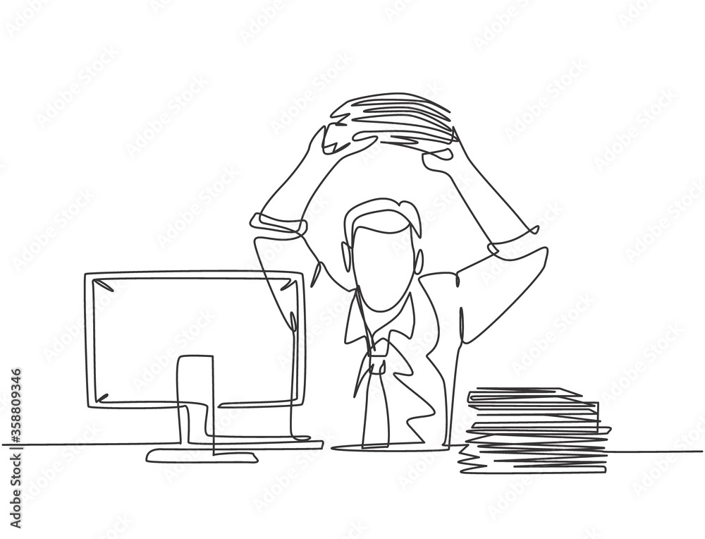 One single line drawing of young madness worker ready to throw file ...