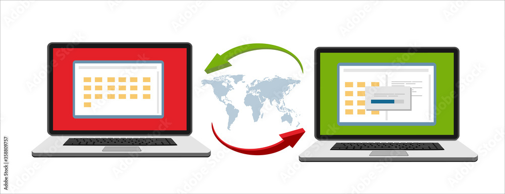 File transfer. Two laptops with document on screen and transferred ...