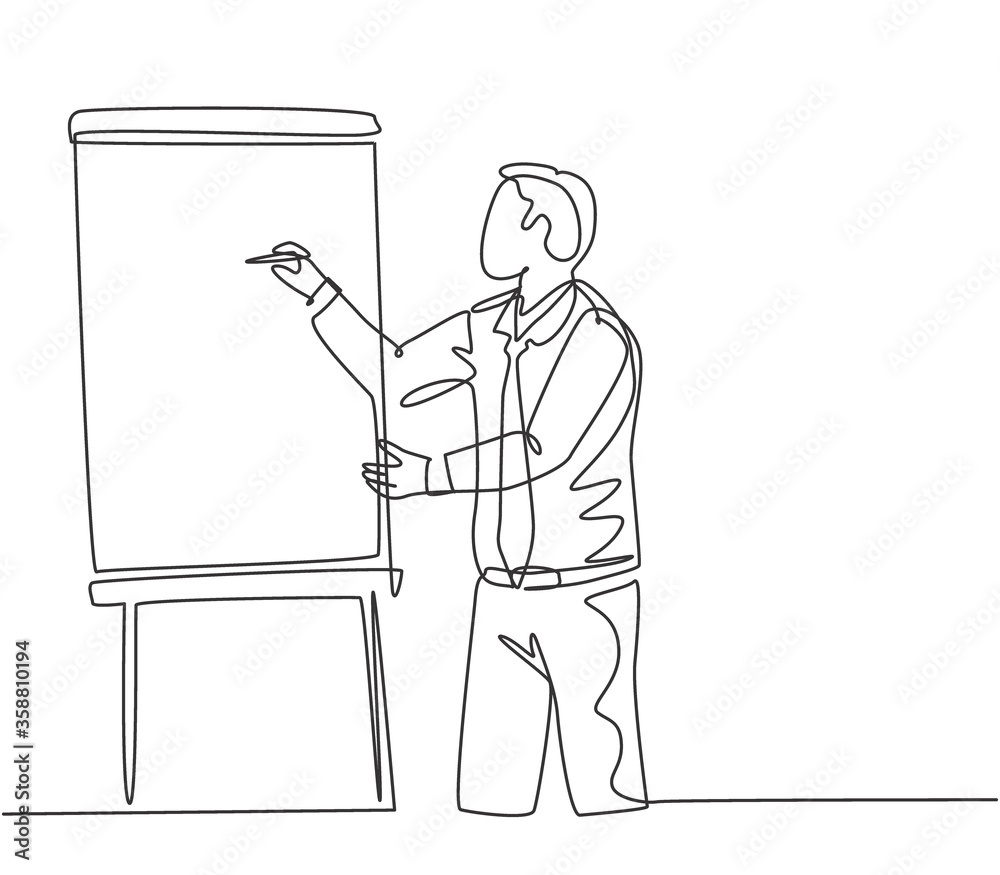 Single continuous line drawing of young businessman pointing the ...