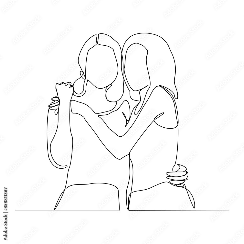 Continuous line drawing of women embrace together in friendship. Vector ...