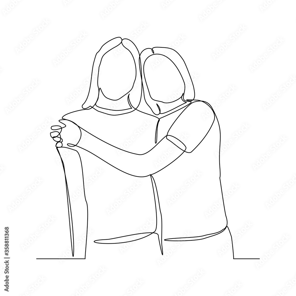 Continuous line drawing of women embrace together in friendship. Vector ...