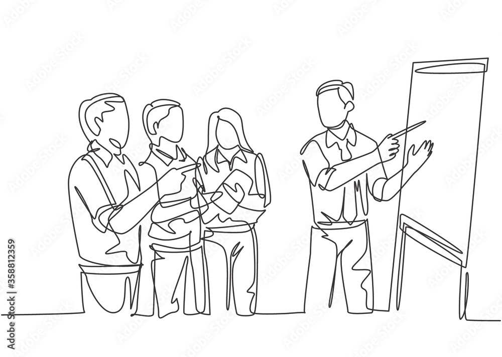 One single line drawing of young happy manager giving presentation ...
