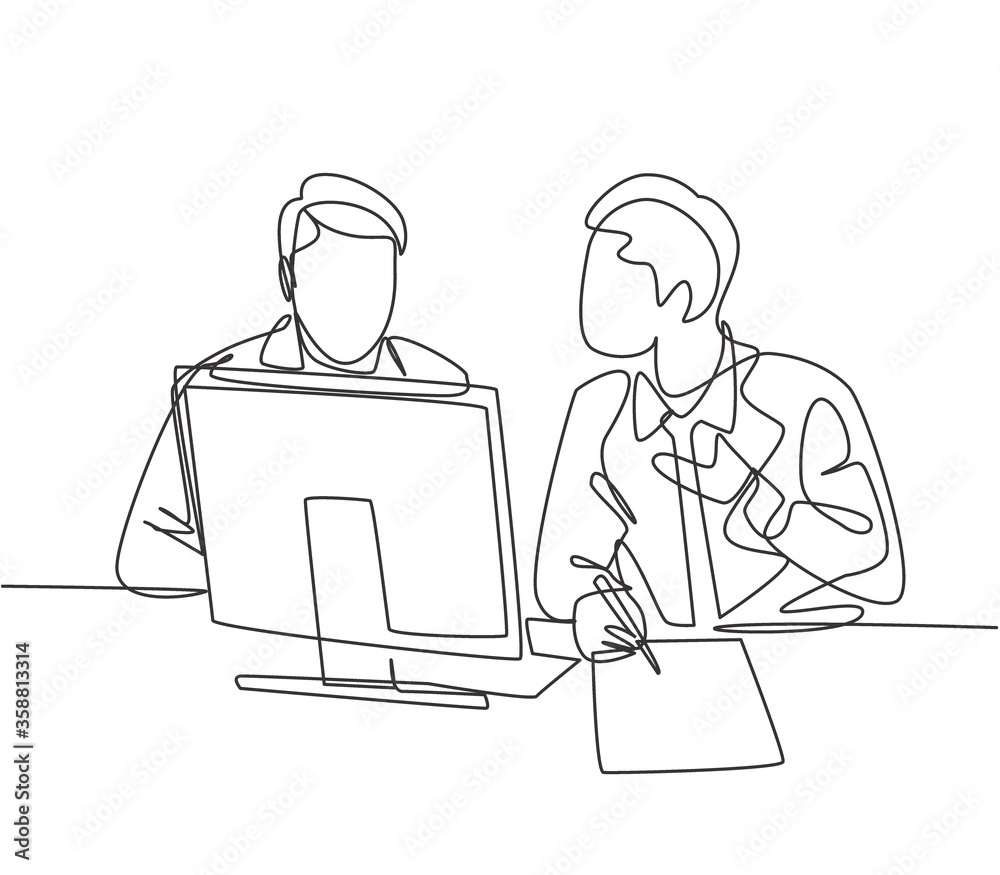 Single continuous line drawing of two young happy business owner ...