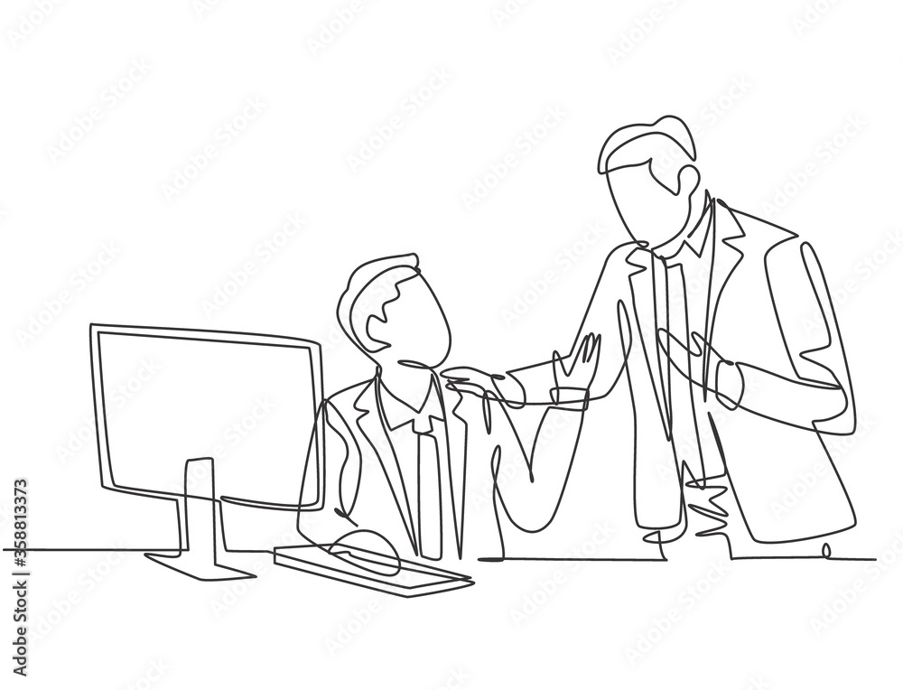 One single line drawing of young manager take a talk to teach new ...