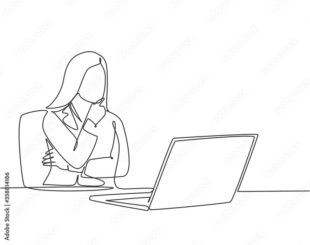Single continuous line drawing of young female startup founder siting ...