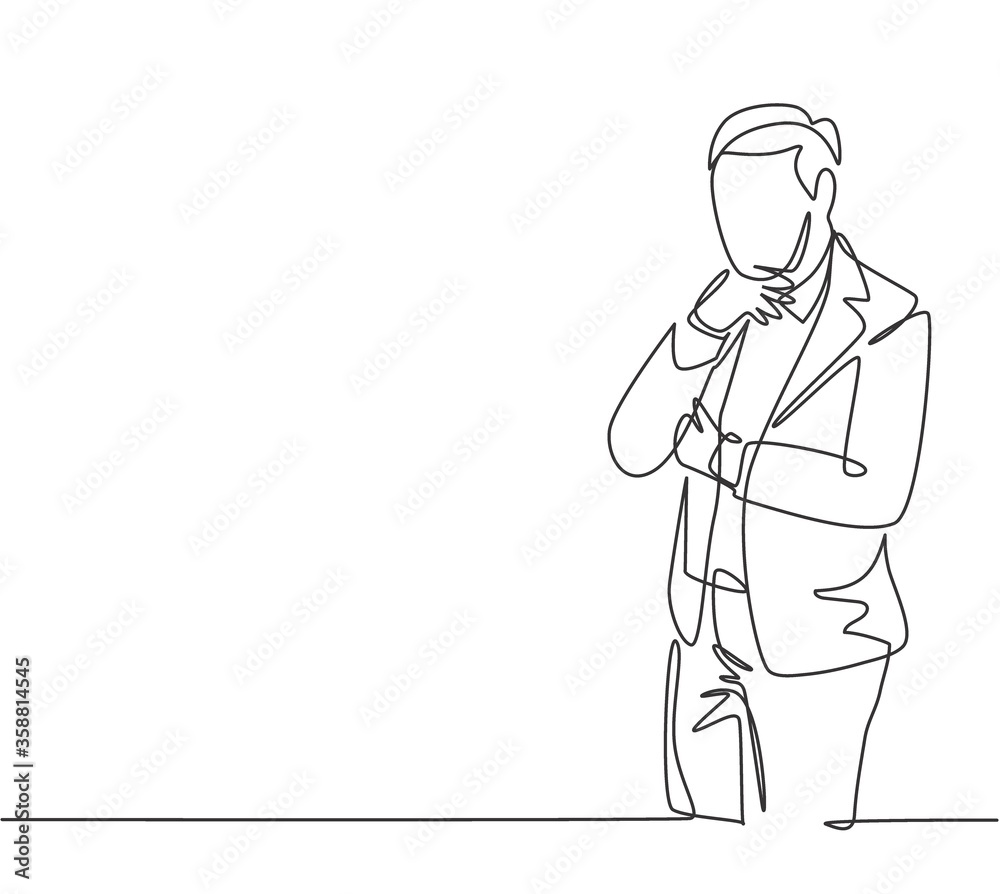 One continuous line drawing of young confused business man standing and ...