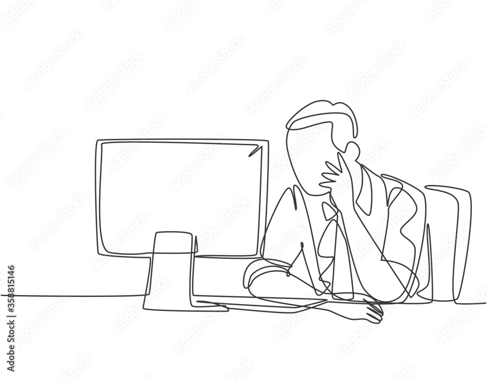 One continuous line drawing of young business manager sitting on his ...