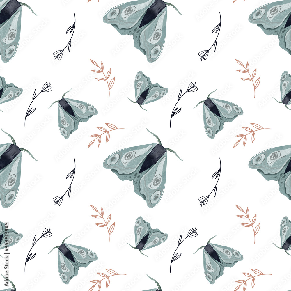 Cute vintage moths with antennae top view square seamless pattern on ...