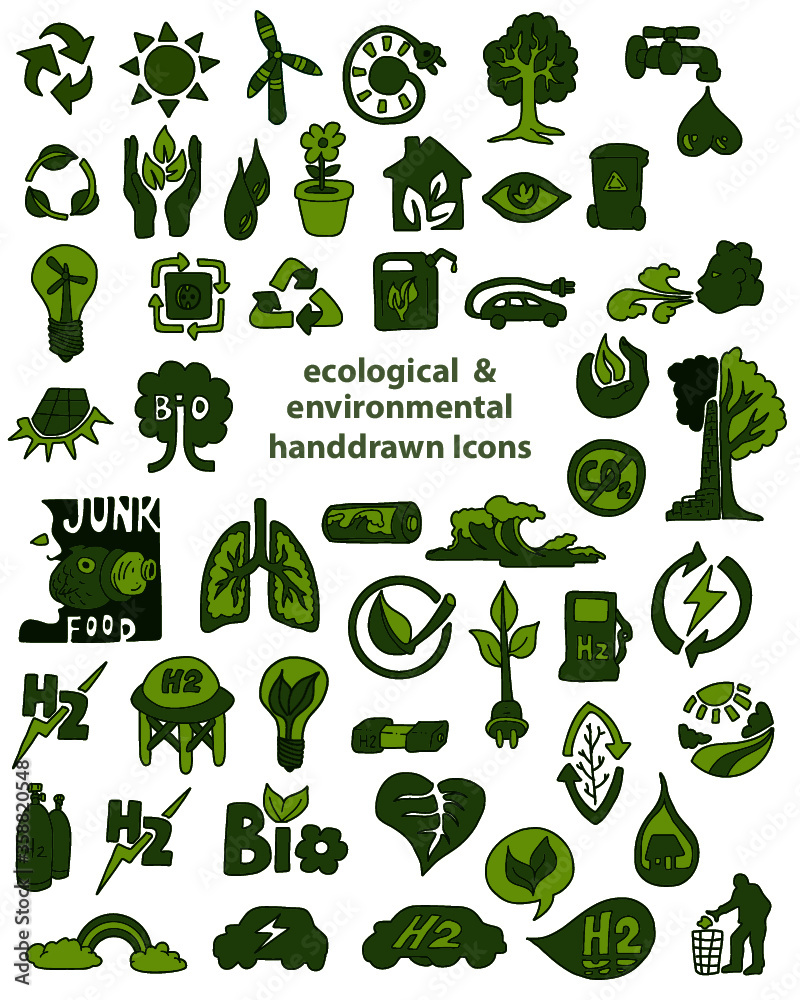 environmental icons set: ecological green handdrawn doodle symbols of ...