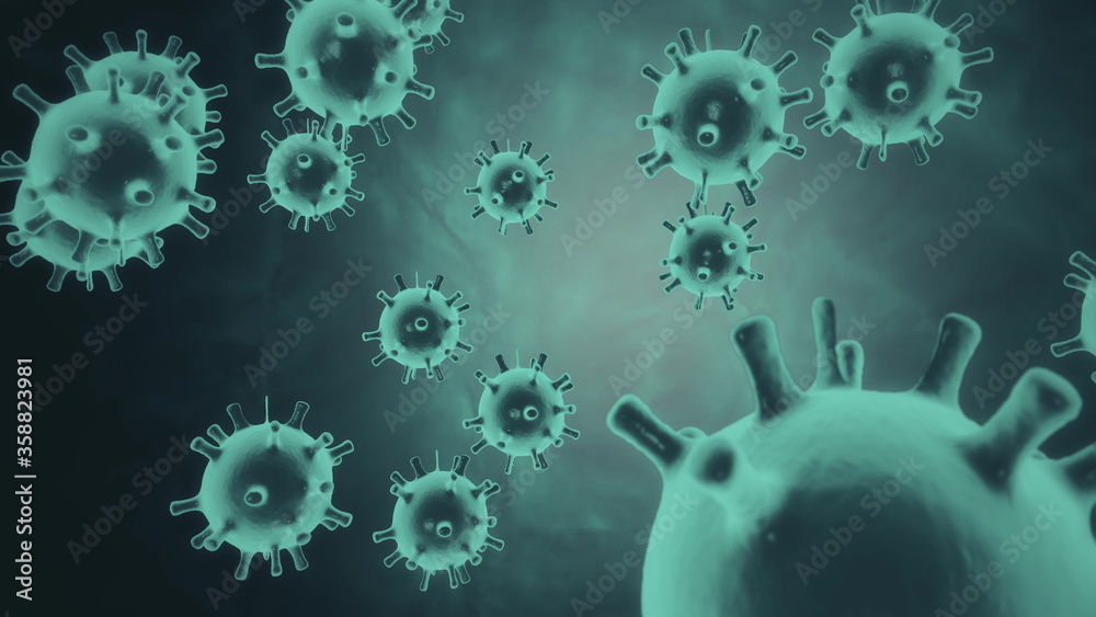Animated neon blue color cells of swine influenza virus H1N1 are moving ...