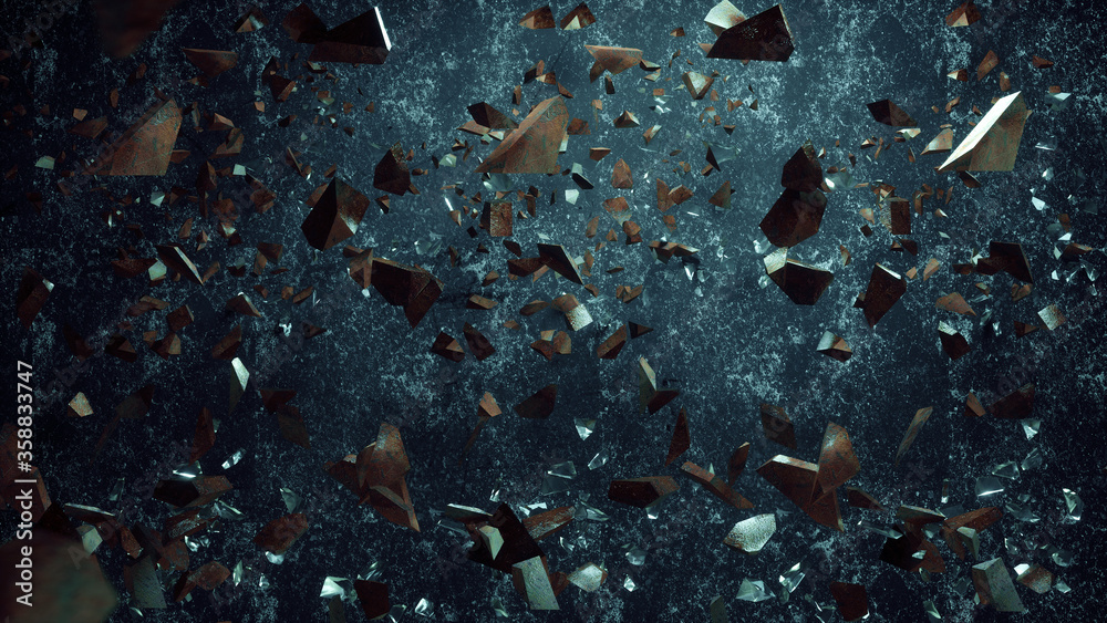 Rock stone and glass broken splash explosion isolated on dirty ...