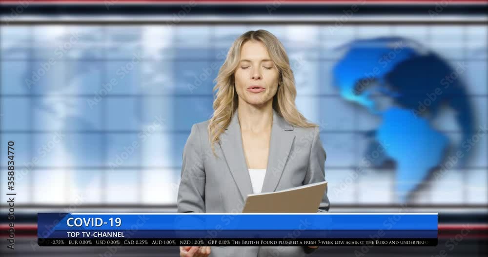 Caucasian beautiful woman presenter reading news in blue interactive ...