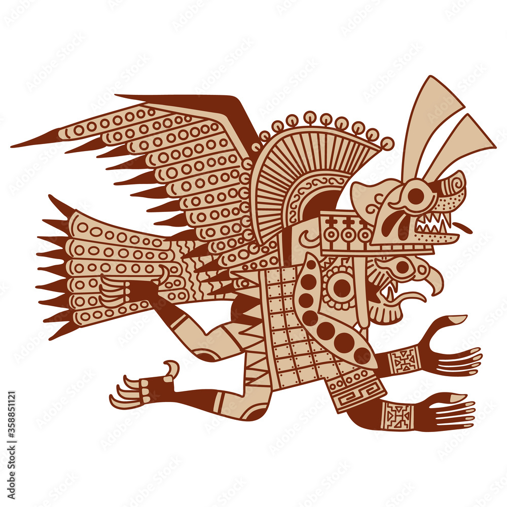Fantastic flying anthropomorphic monster bird. Folk art of ancient Peru ...