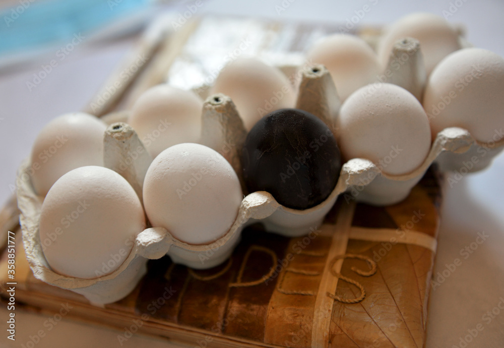 No racism or black lives matter concept: nine white eggs and one black ...