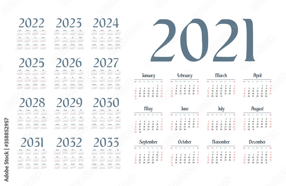 English calendar for years 2021-2033, week starts on Sunday Stock ...