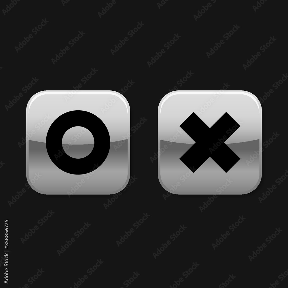 Simple shiny metal o and x rounded square shape icons with shadow ...