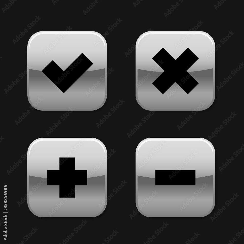 Shiny metal square shape checkmark cross plus minus icons with shadow ...