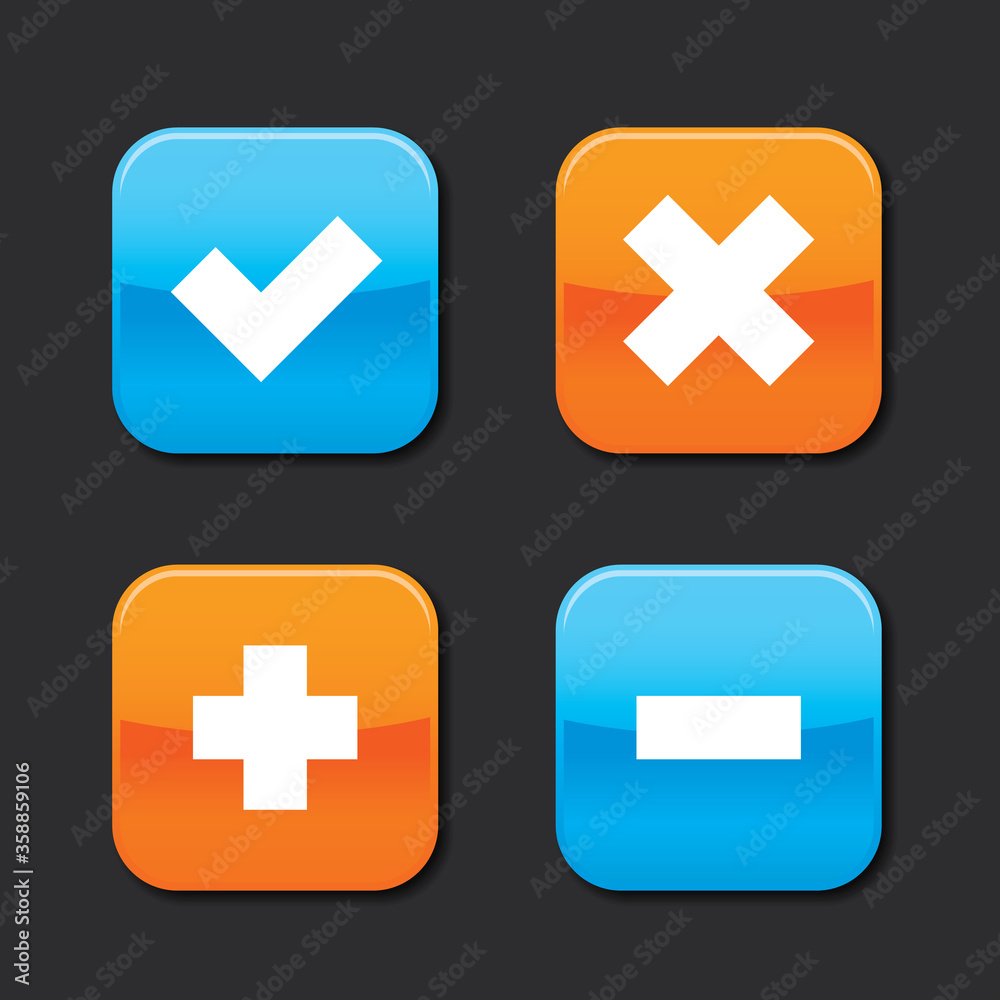 Glossy square shape checkmark cross plus minus icons with shadow, blue ...