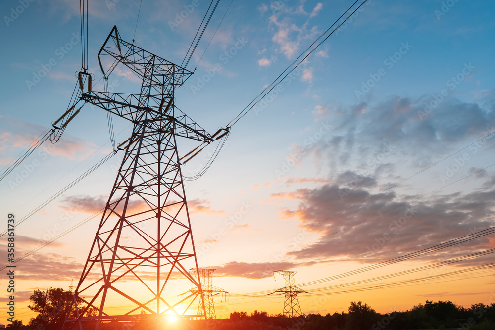 Electrical substation silhouette on the dramatic sunset background ...