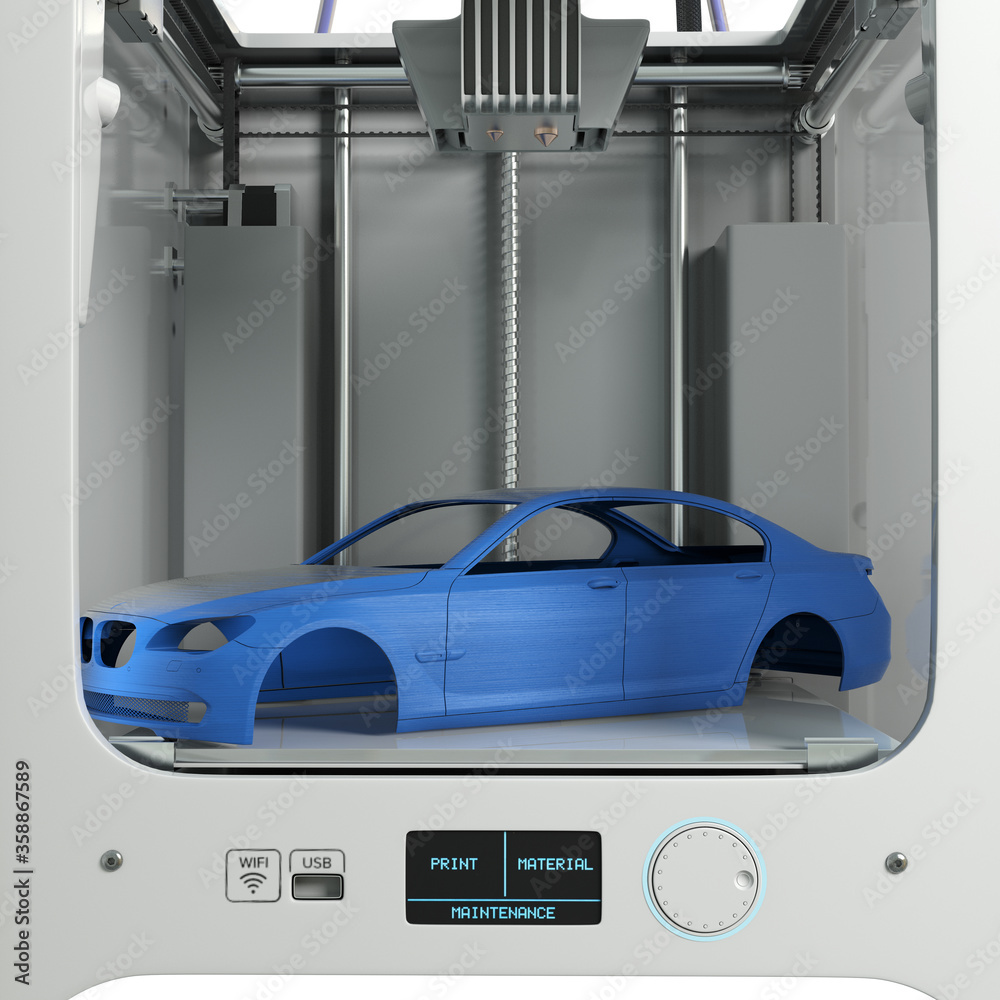 3D rendering of an FDM 3D printer on white background printing a car ...