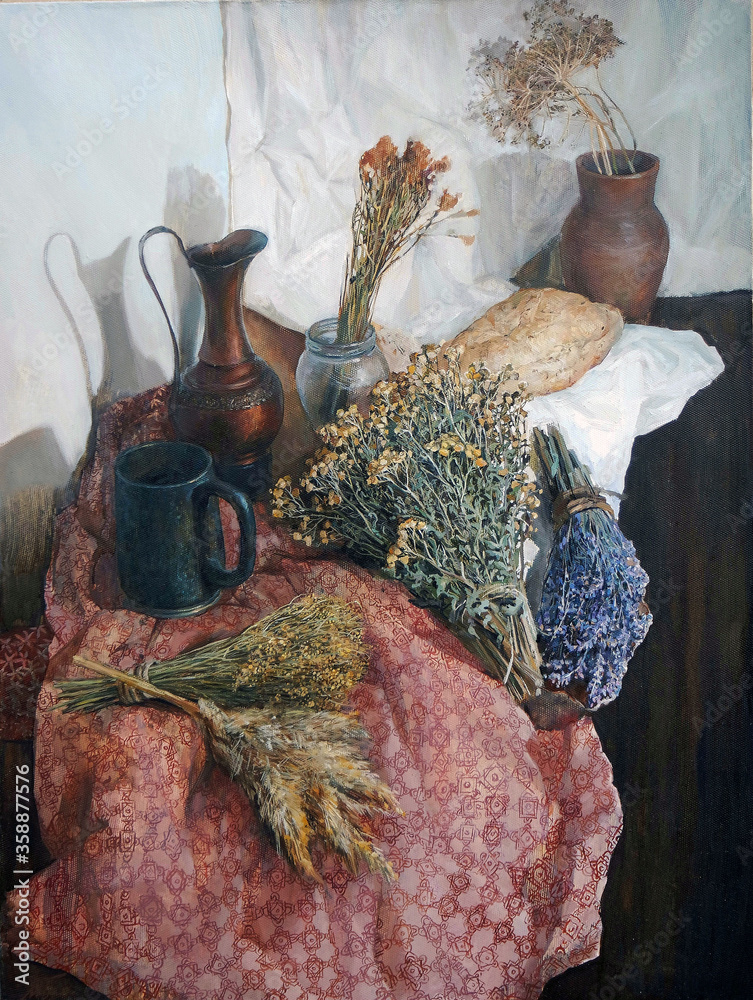 Rustic still life with jugs and dry herbs such as lavender and ...