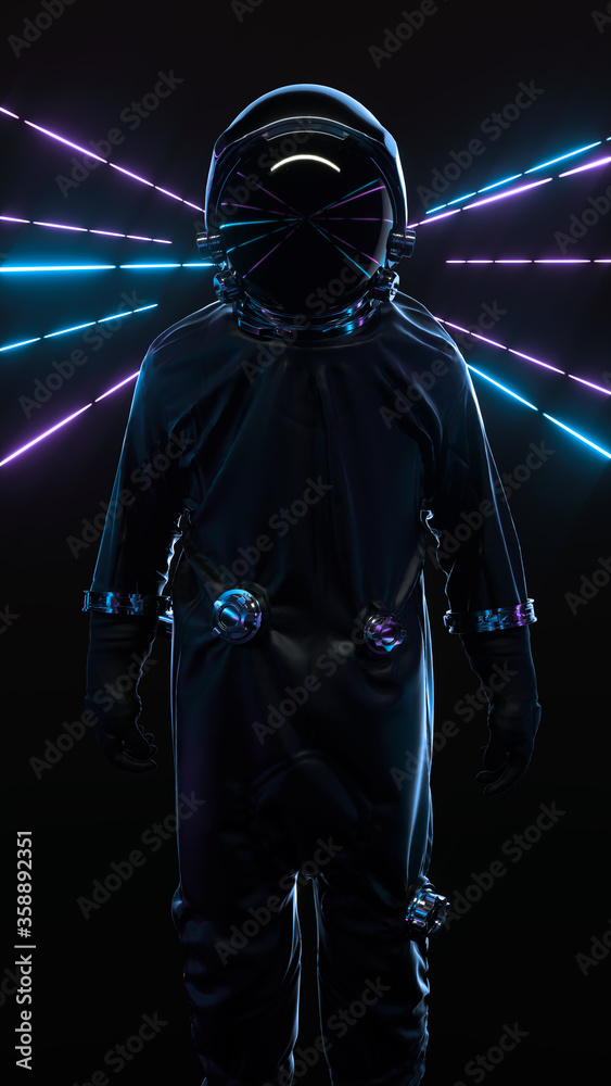 80s Retrowave style 3d illustration. Futuristic astronaut on neon ...