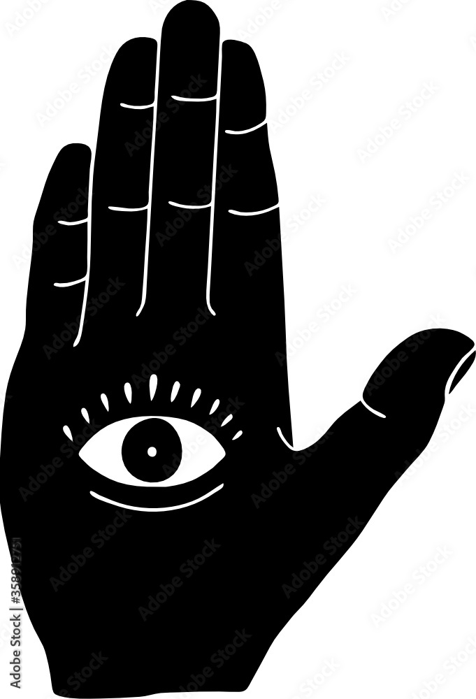 witchcraft hand palm with an eye silhouette illustration Stock Vector ...