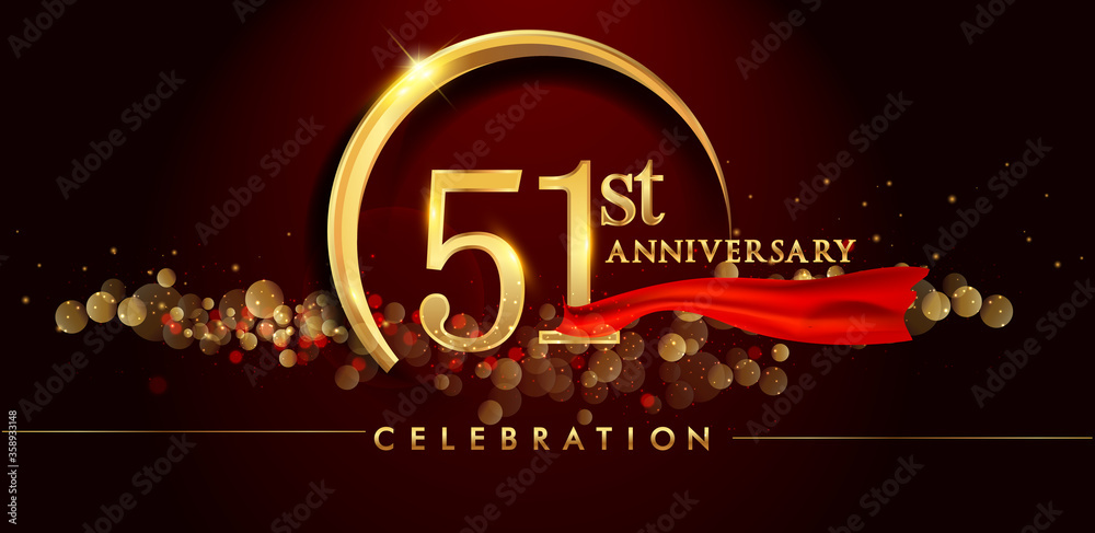 51st anniversary logo with golden ring, confetti and red ribbon ...