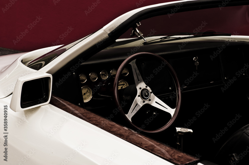 cockpit an steering wheel of a panther six, a british 6-wheel ...