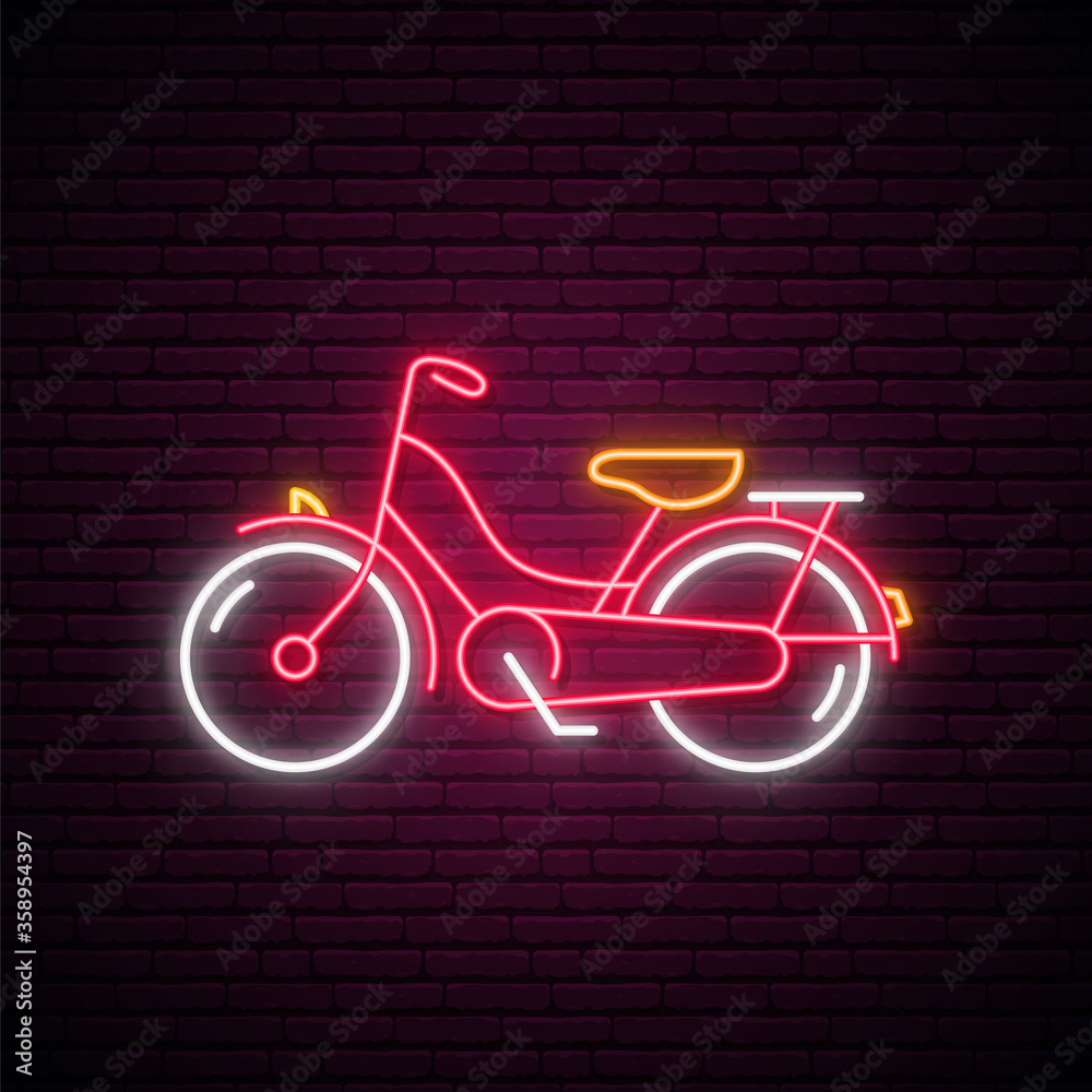 Neon bike sign. Glowing retro Bicycle emblem on brick wall background ...
