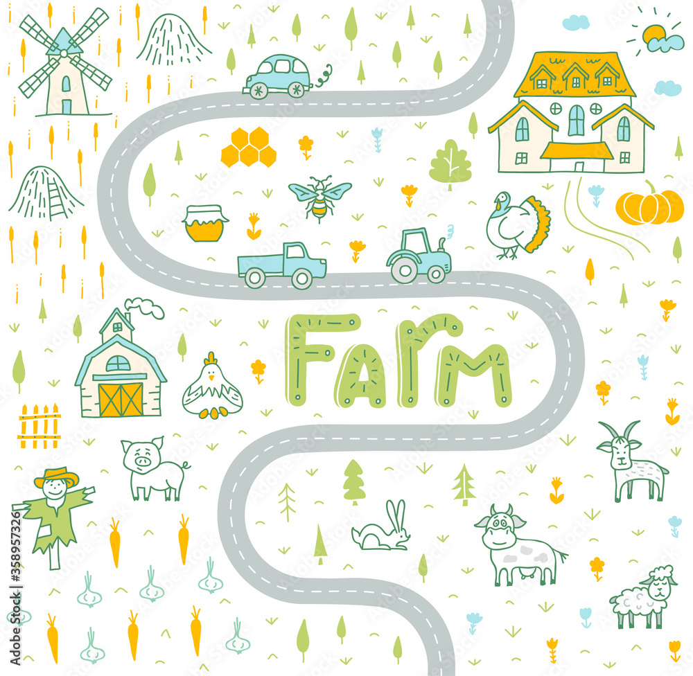 Stylized route for a trip to the sights of farm. Hand-drawn map with ...